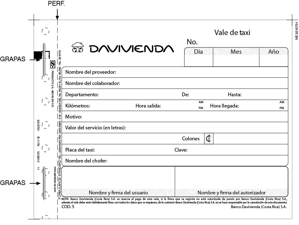 BD05 BOLETA VALE DE TAXI BLOCK 50 | Formularios Standard